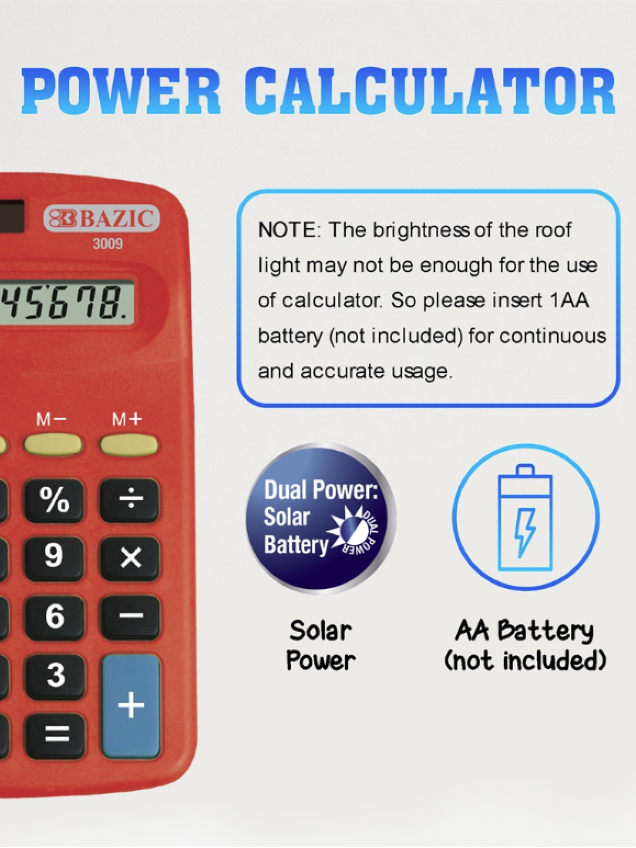 Calculator Dual Power 8-Digit Pocket Size Bazic